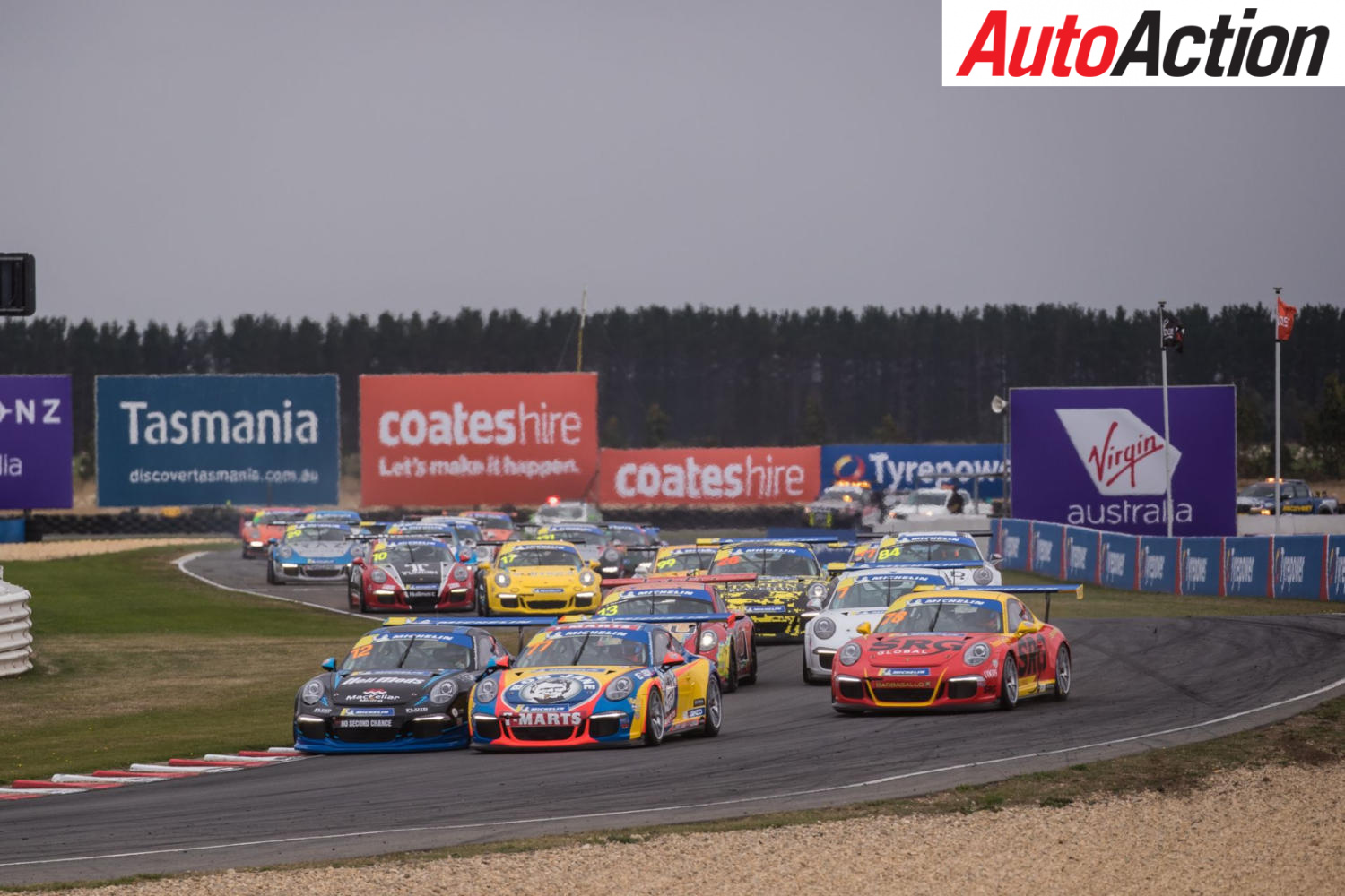 Max Vidau battling with Harri Jones at the start of the GT3 Cup ...