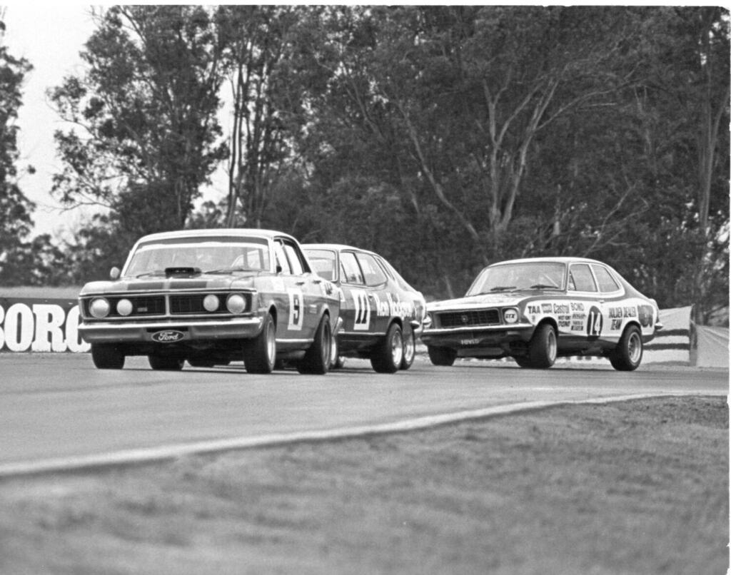 Allan Moffat GTHO Falcon-leads Bob Morris, Peter Brock, Colin Bond GTR ...